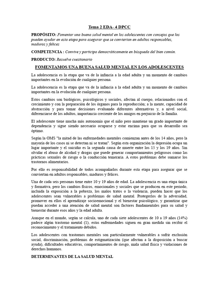 Tema 2 EDA 4 - DPCC | Descargar gratis PDF | Salud mental | Adultos