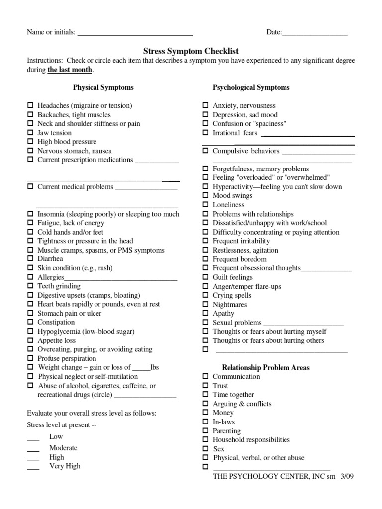 STRESSSYMPTOMSCHECKLIST1 | PDF | Anxiety | Diseases And Disorders