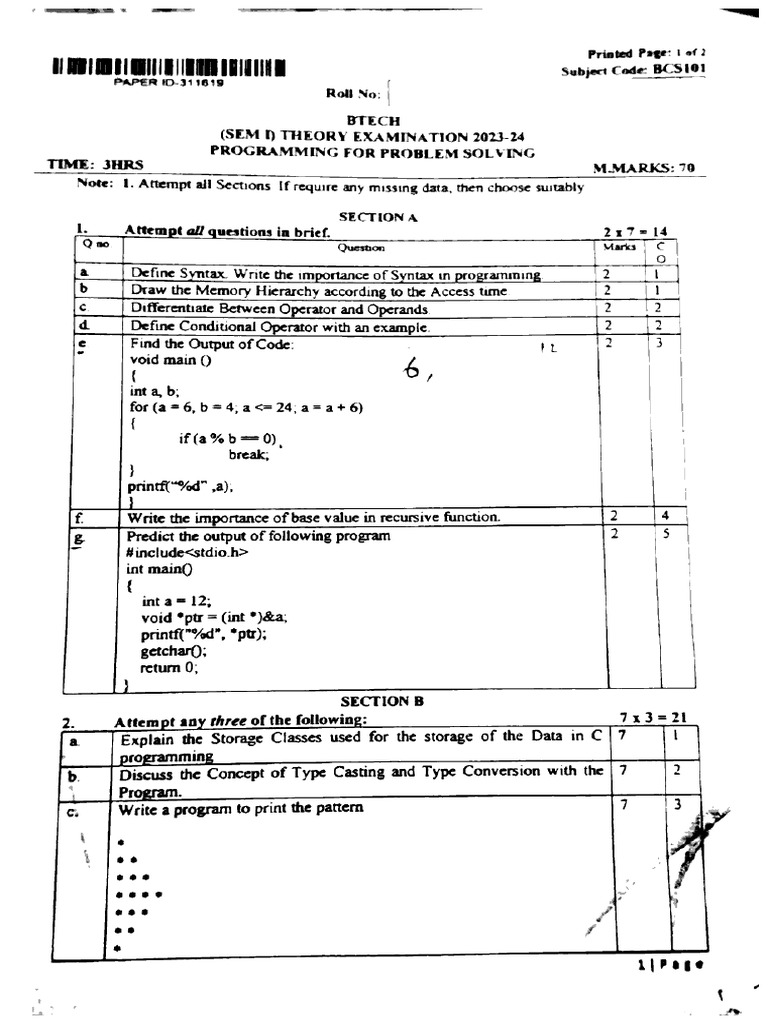 Btech 1 Sem Programming For Problem Solving Bcs101 Mar 2024 | PDF