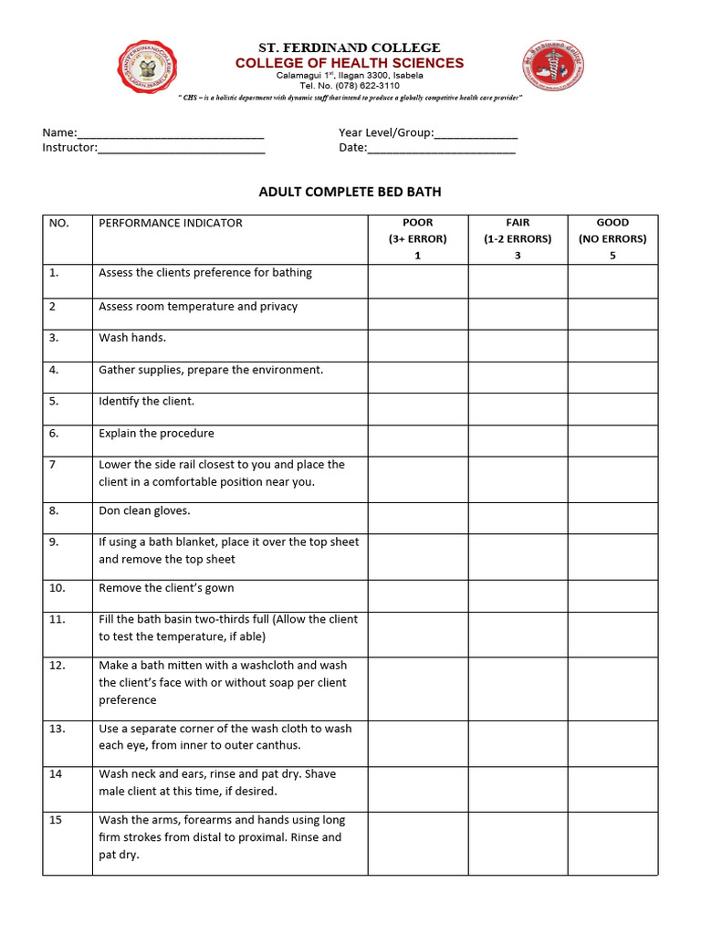 Adult Bed Bath Rubrics 1 | PDF | Hand Washing