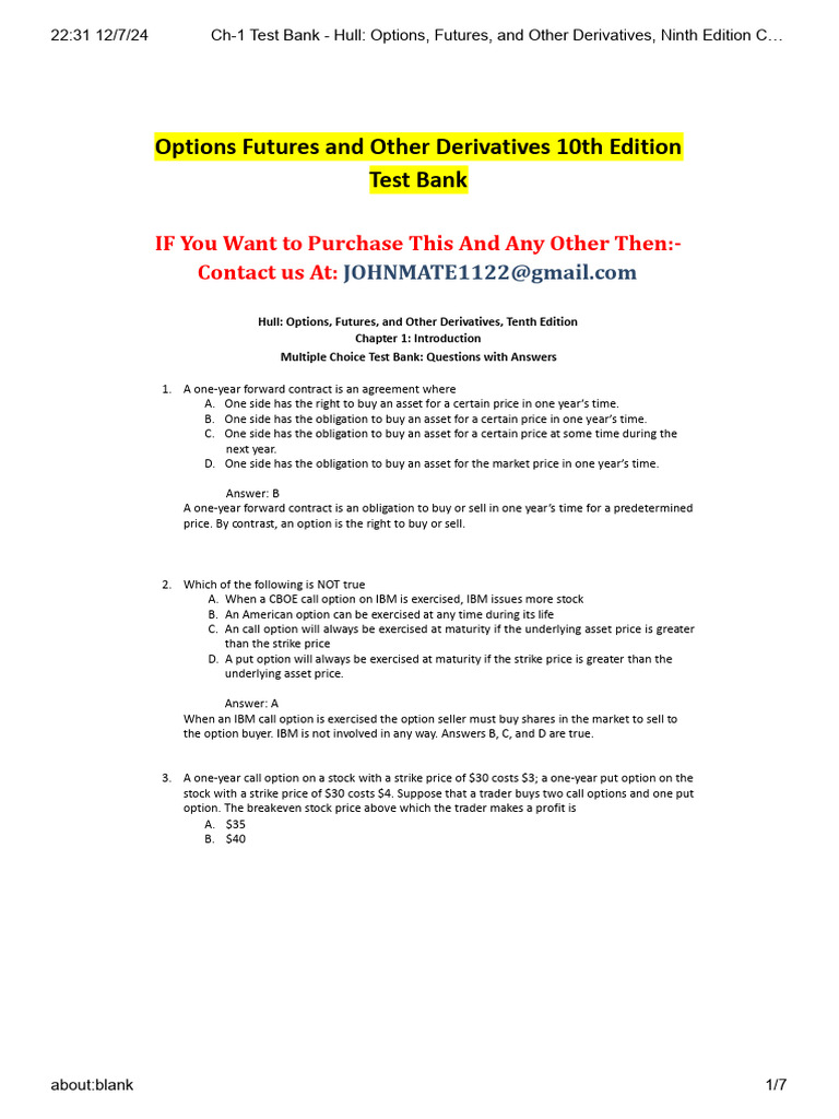 Chap 1 Testbank Fdi | PDF | Option (Finance) | Put Option