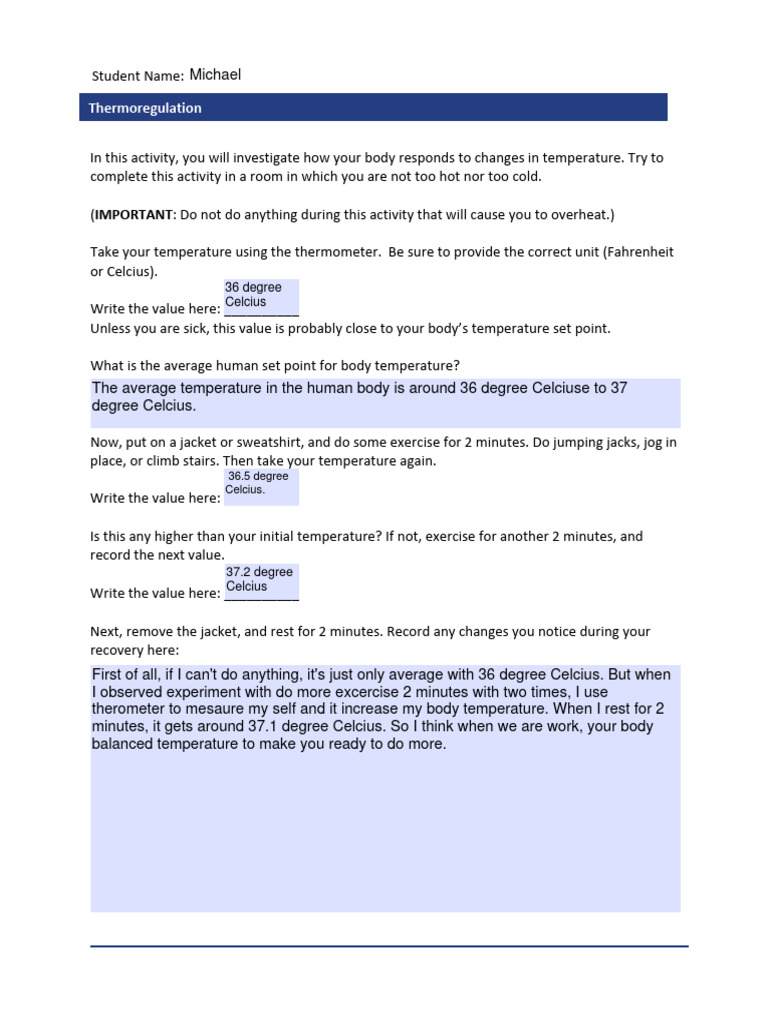 7.1 Thermoregulation Worksheet | PDF | Wellness