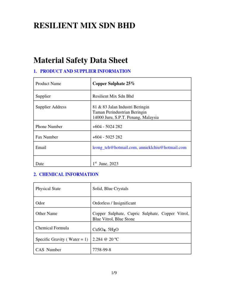 Resilient Mix - MSDS Copper Sulphate 25% | PDF | Water | Magnesium