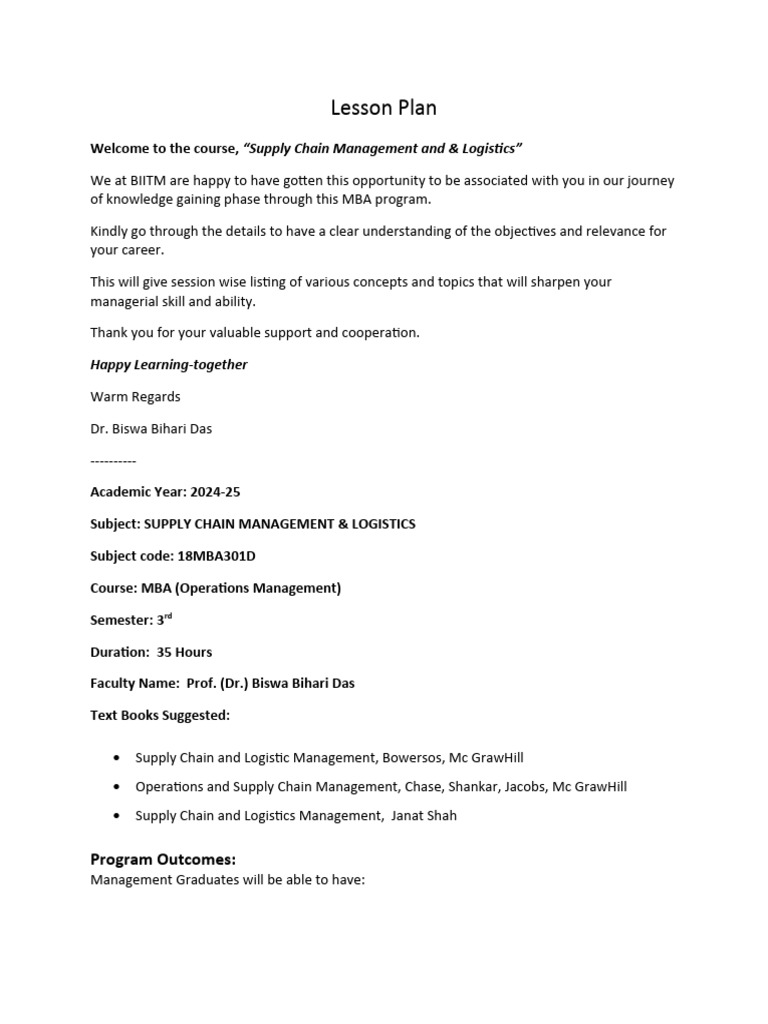 DMS 1 - Lesson Plan CO-PO SCML MBA-3 | PDF | Logistics | Supply Chain