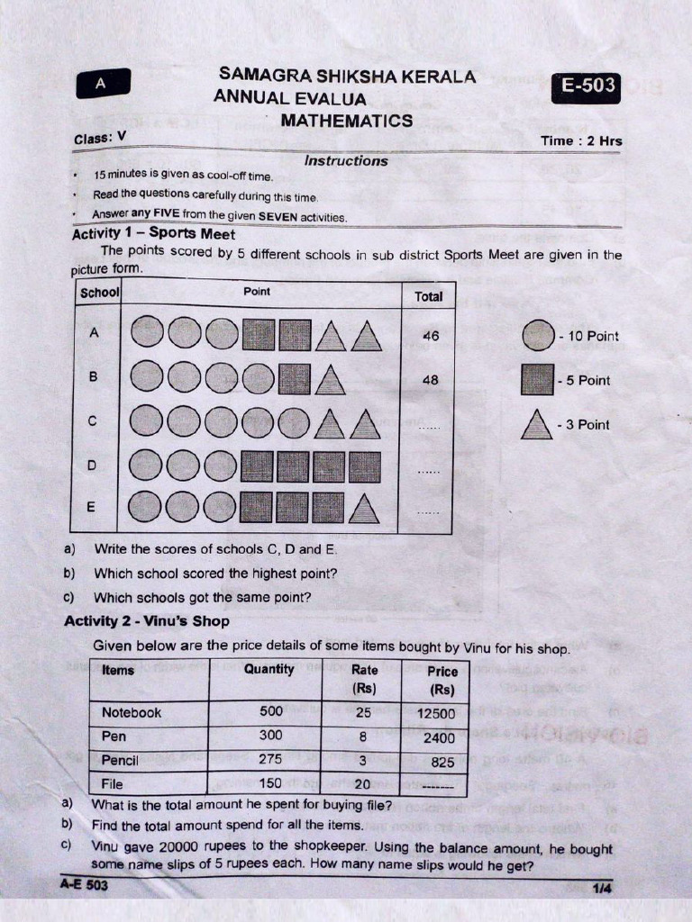 Kerala Class 5 Annual Exam 2023 MATHS Question Paper EM | PDF
