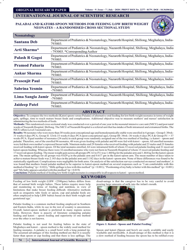 Paladai and Katorispoon Methods For Feeding Low Birth Weight Neonates A ...