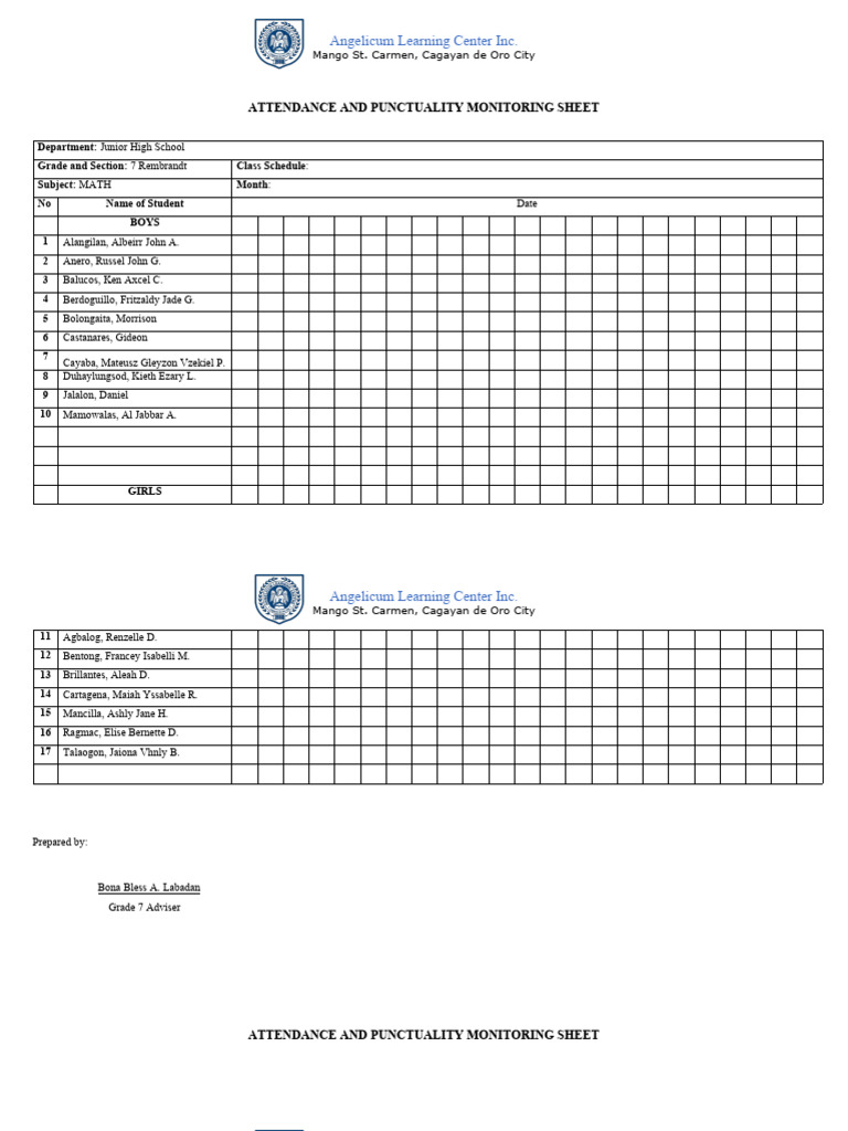 Attendance and Punctuality Monitoring Sheet | PDF