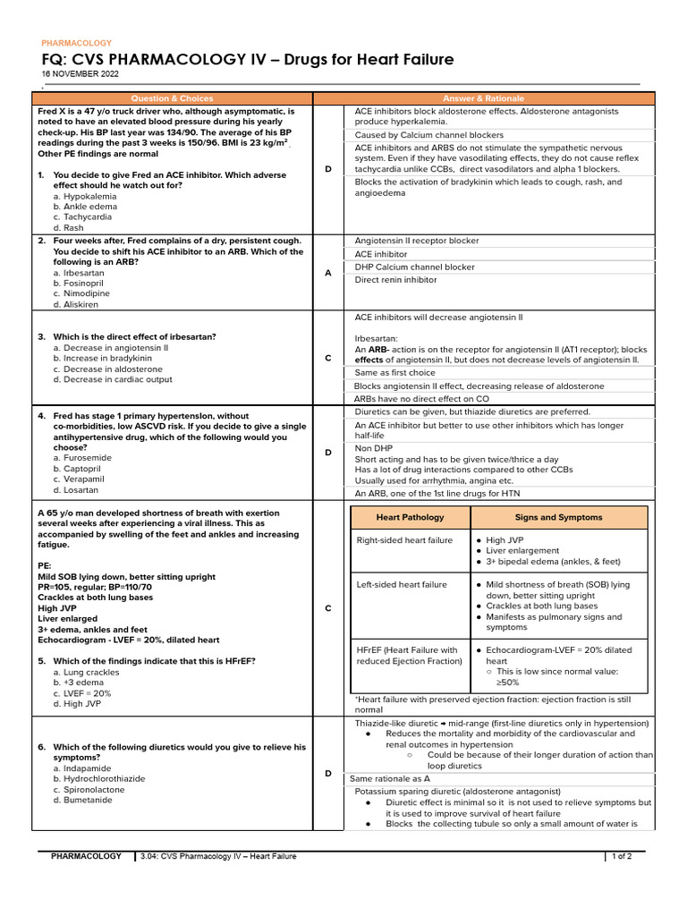 (2025) Pharmacology FQ1 | PDF | Heart Failure | Angiotensin