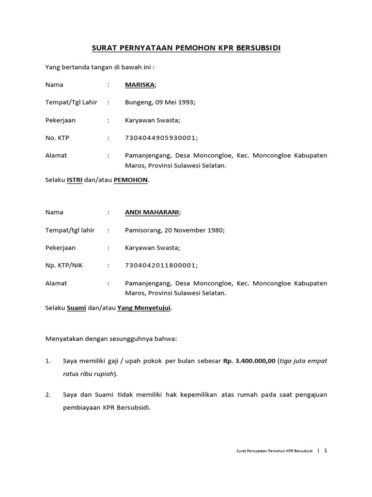Lampiran 2 - Pernyataan Pemohon KPR Bersubsidi | PDF