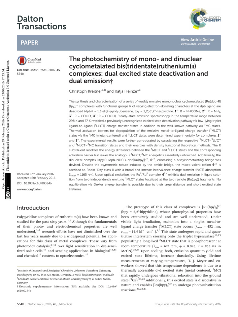 The Photochemistry of Mono - and Dinuclear Cyclomet | PDF | Coordination Complex | Proton ...