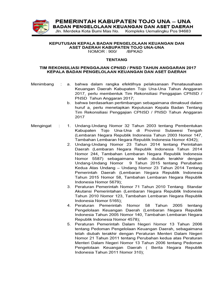 SK Tim REKONSILIASI PENGGAJIAN CPNSD PNSD 2017 | PDF | Pengelolaan Keuangan & Uang