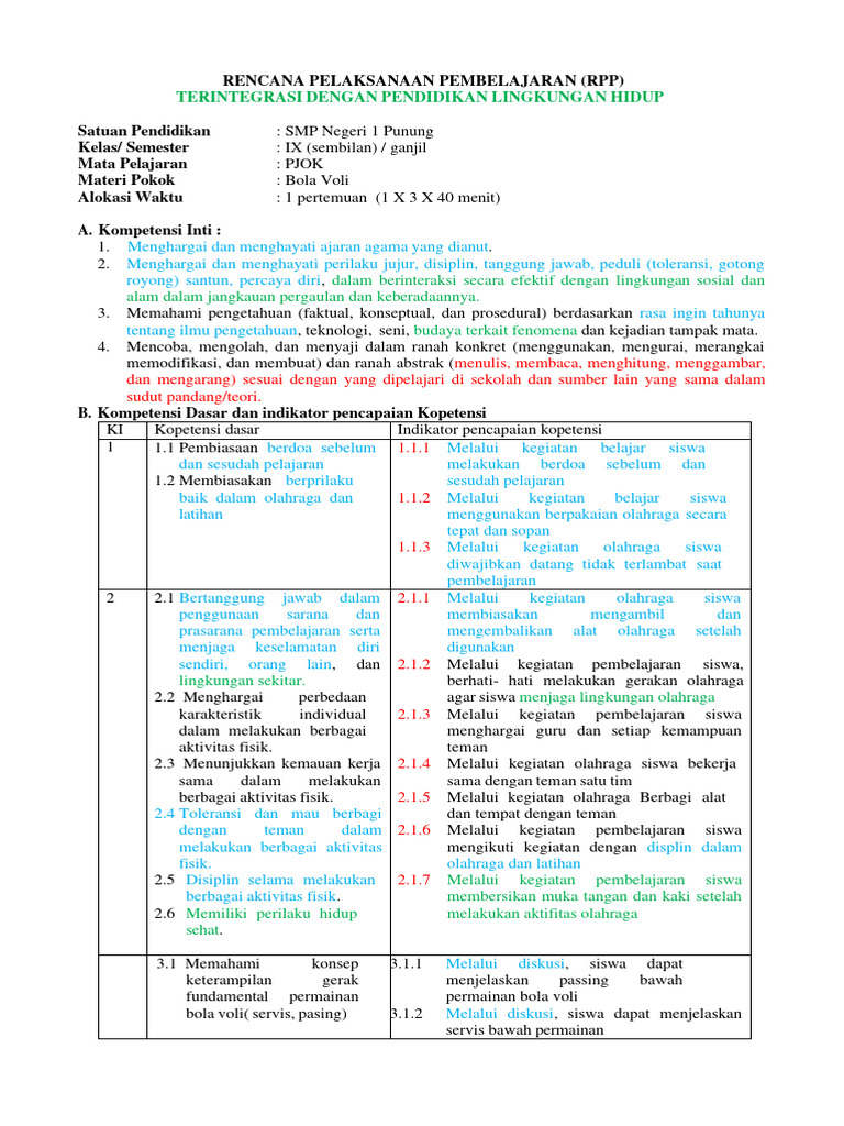RPP PJOK Kelas 9 (Bola Voli) Adiwiyata - Uji Amri | PDF