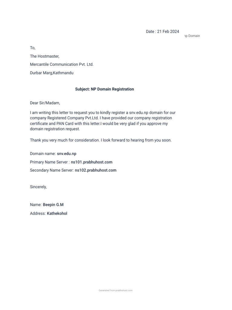Registration of .NP Domain - Cover Letter Generator - Prabhu Host | PDF
