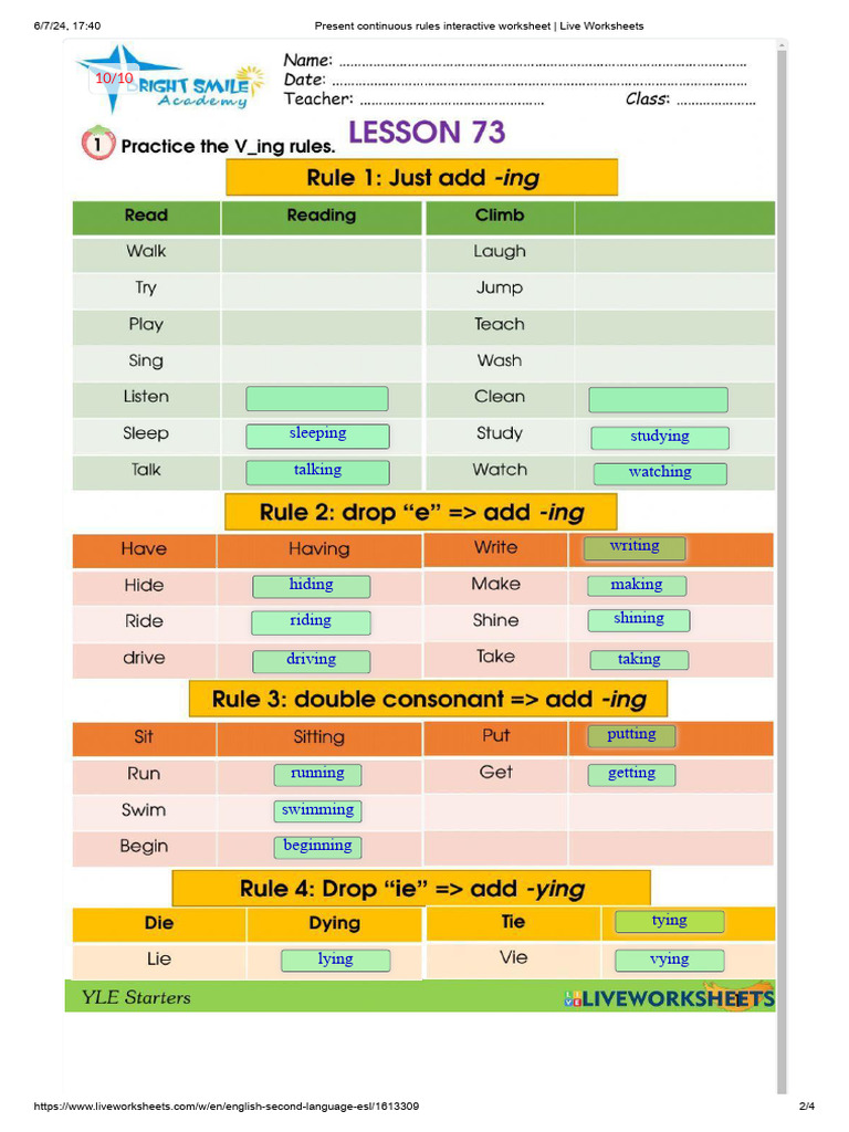 Present Continuous Rules Interactive Worksheet - Live Worksheets | PDF