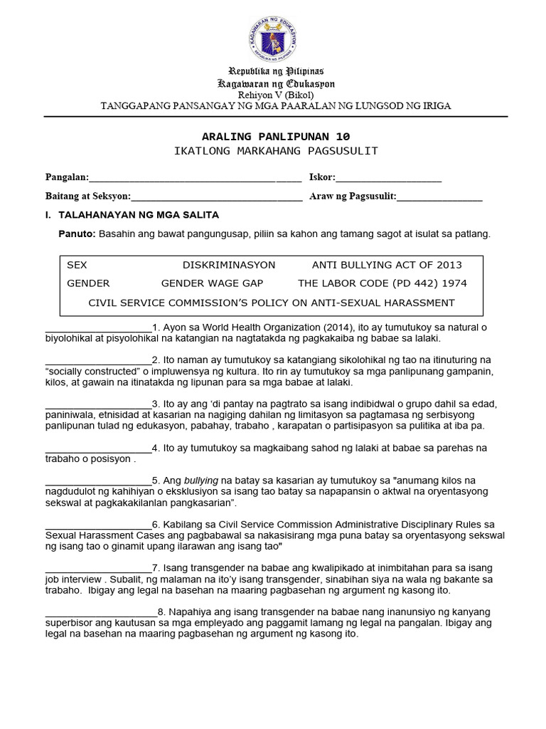 Test Questions Q3 For ARALING PANLIPUNAN 10 | PDF