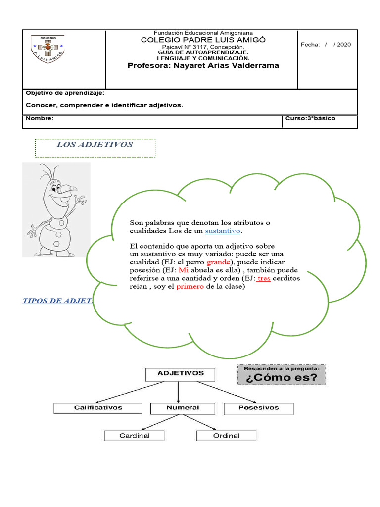 Guia Adjetivos Tercero | PDF | Adjetivo | Sustantivo