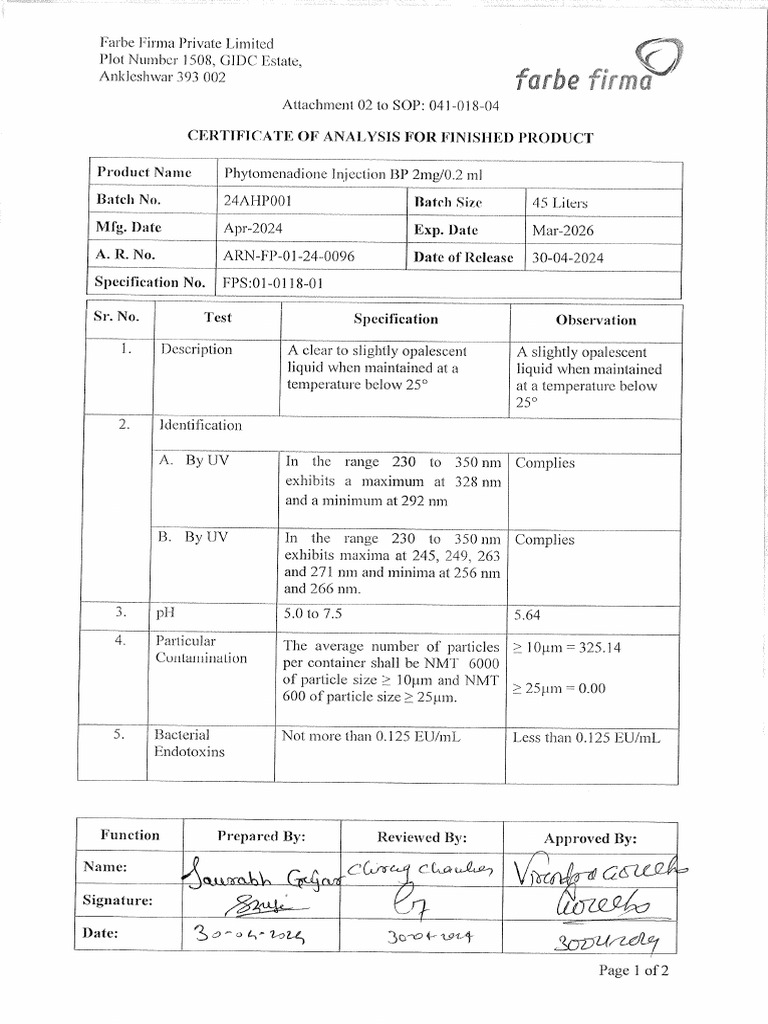 COA - Phytomenadione Injection | PDF