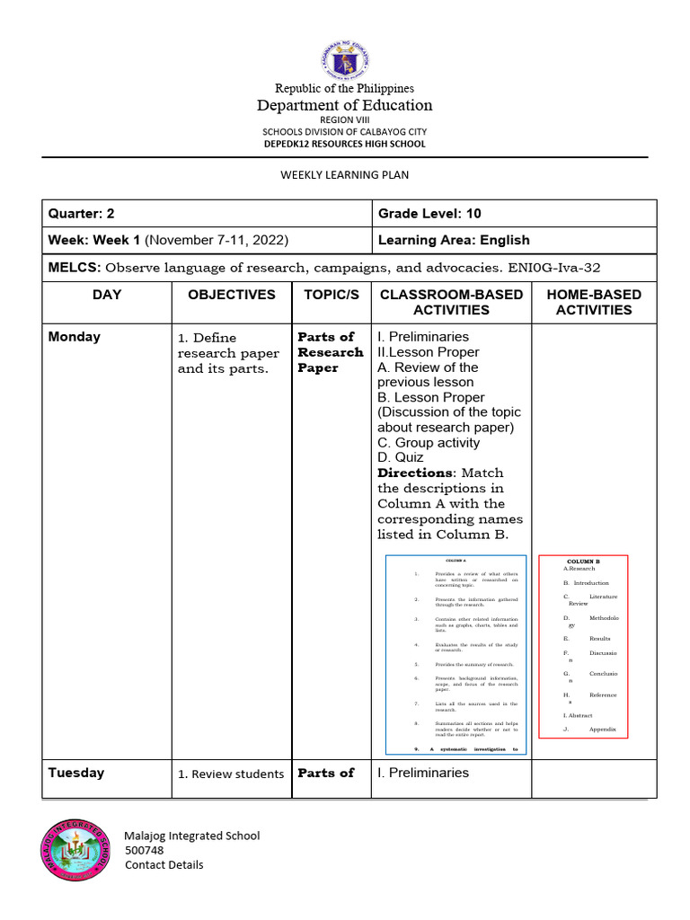 Weekly Learning Plan English 10 q2 Week 1 | PDF | Science | Cognition