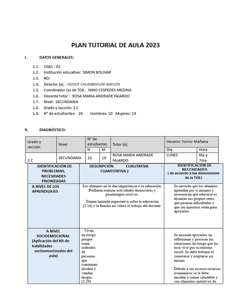 Plan Tutorial Aula Secundaria 2023 | PDF | Salón de clases | Escuelas