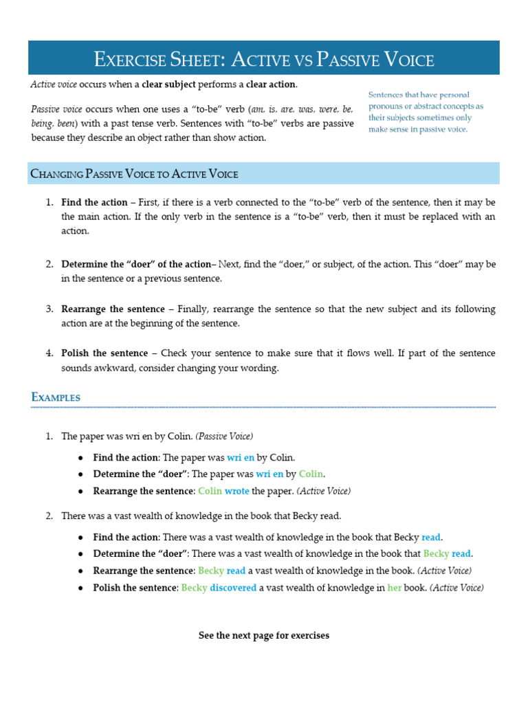 Regent Writing Lab Active Vs Passive Exercise Sheet | PDF | Verb | Subject (Grammar)