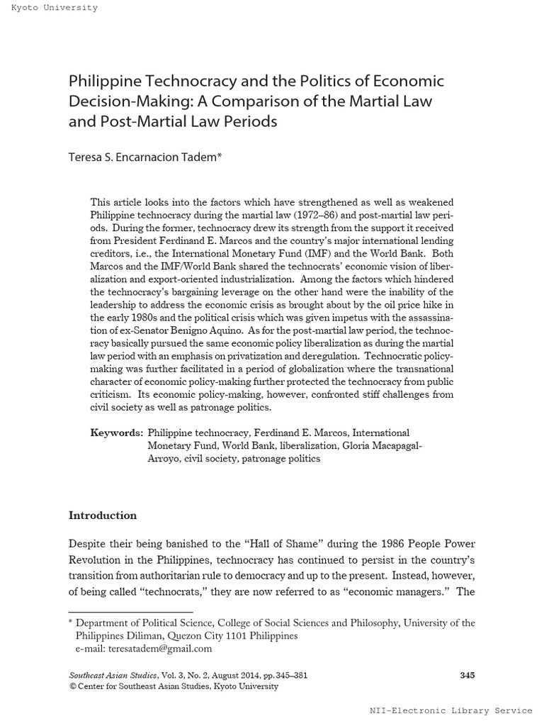 Philippine Technocracy and The Politics of Economic Decision-Making A ...