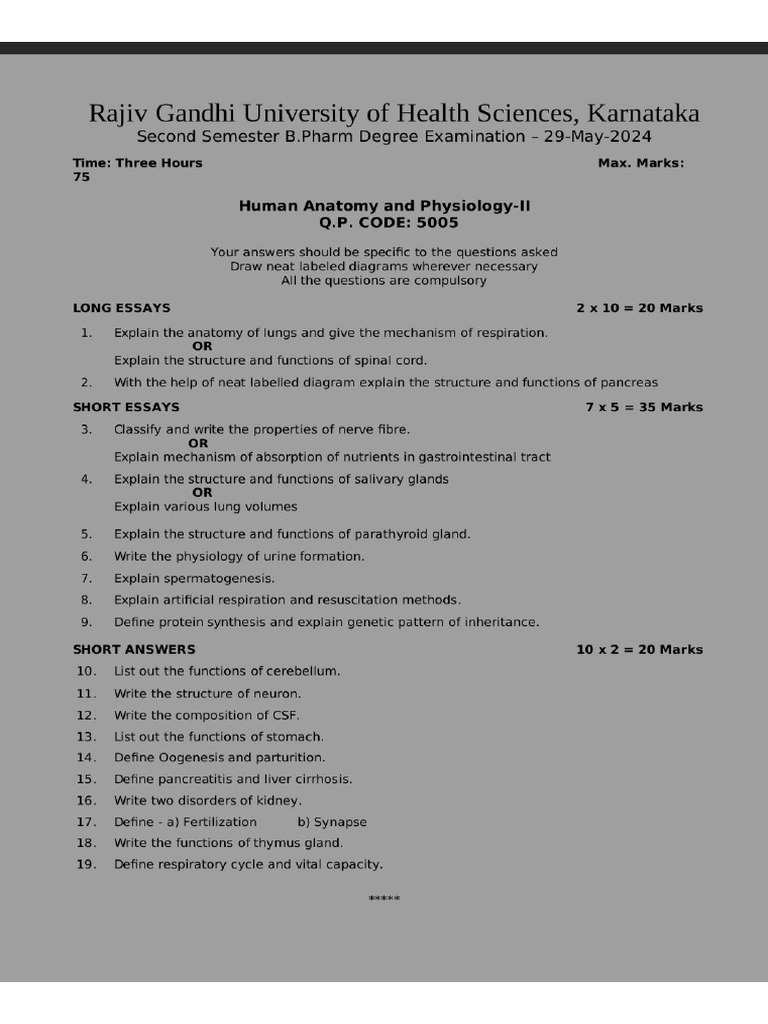 Human Anatomy and Physiology Question Papers | PDF