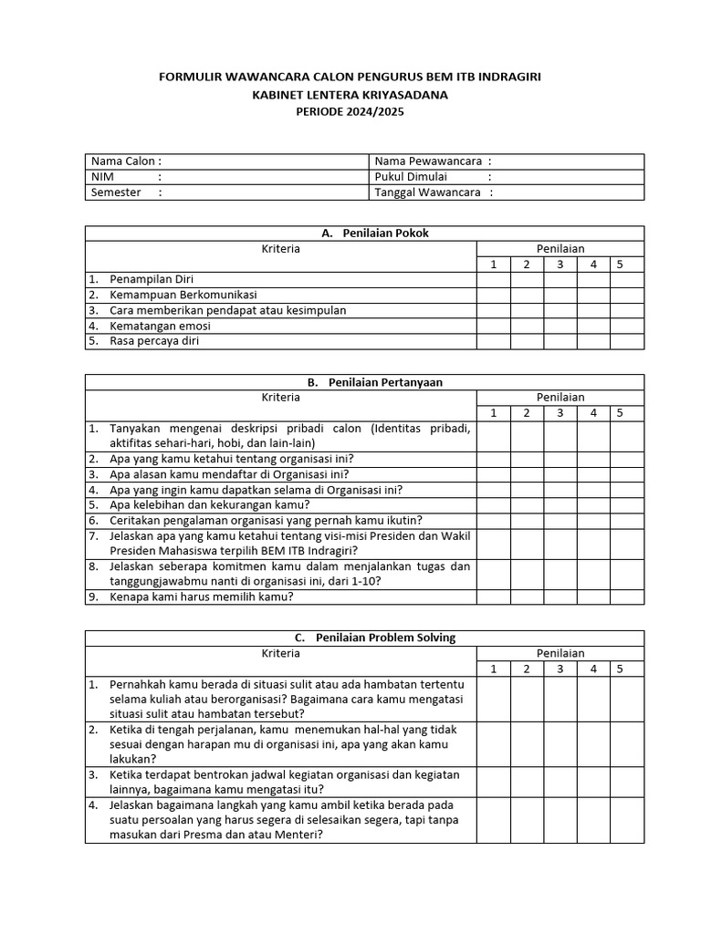 Formulir Wawancara BEM | PDF