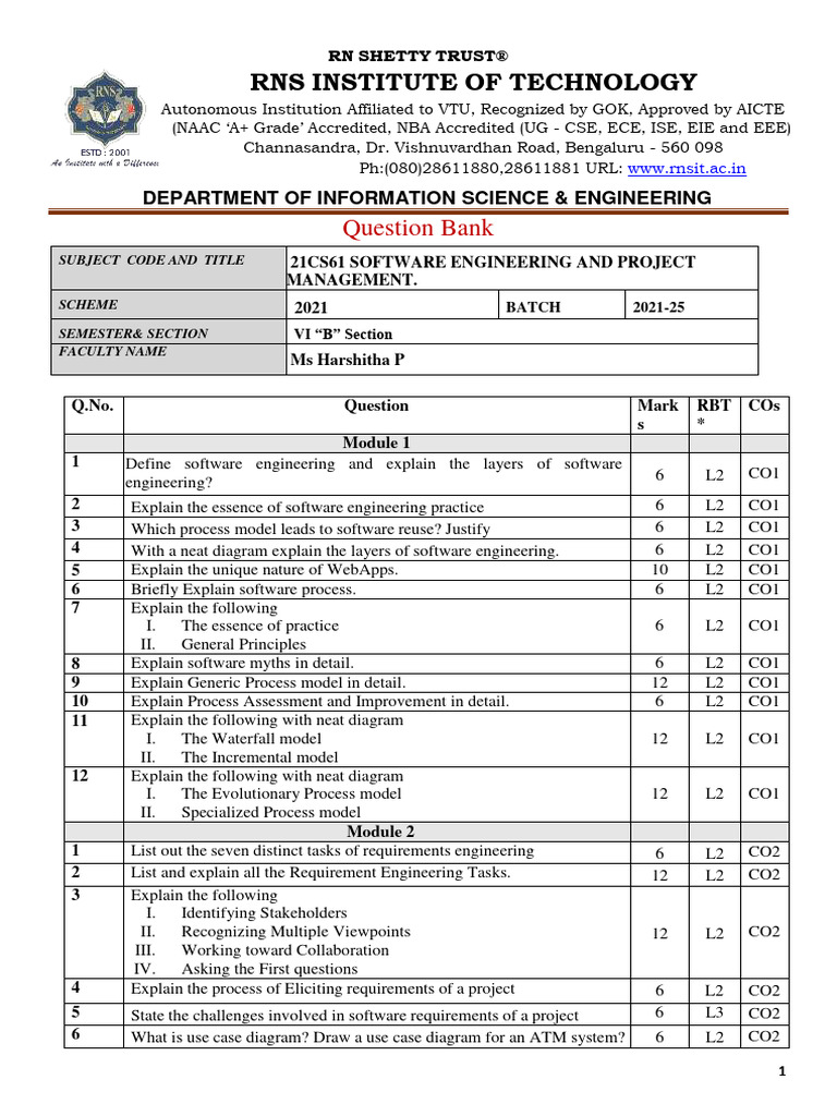 Question Bank - SEPM - 21CS61 - AKN | PDF | Use Case | Agile Software Development