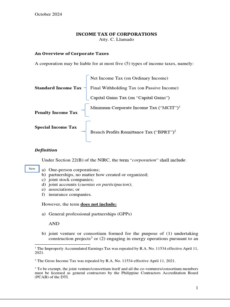 CPAR Income Tax of Corporations (Batch 96) - Handout | PDF | Taxes | Capital Gains Tax