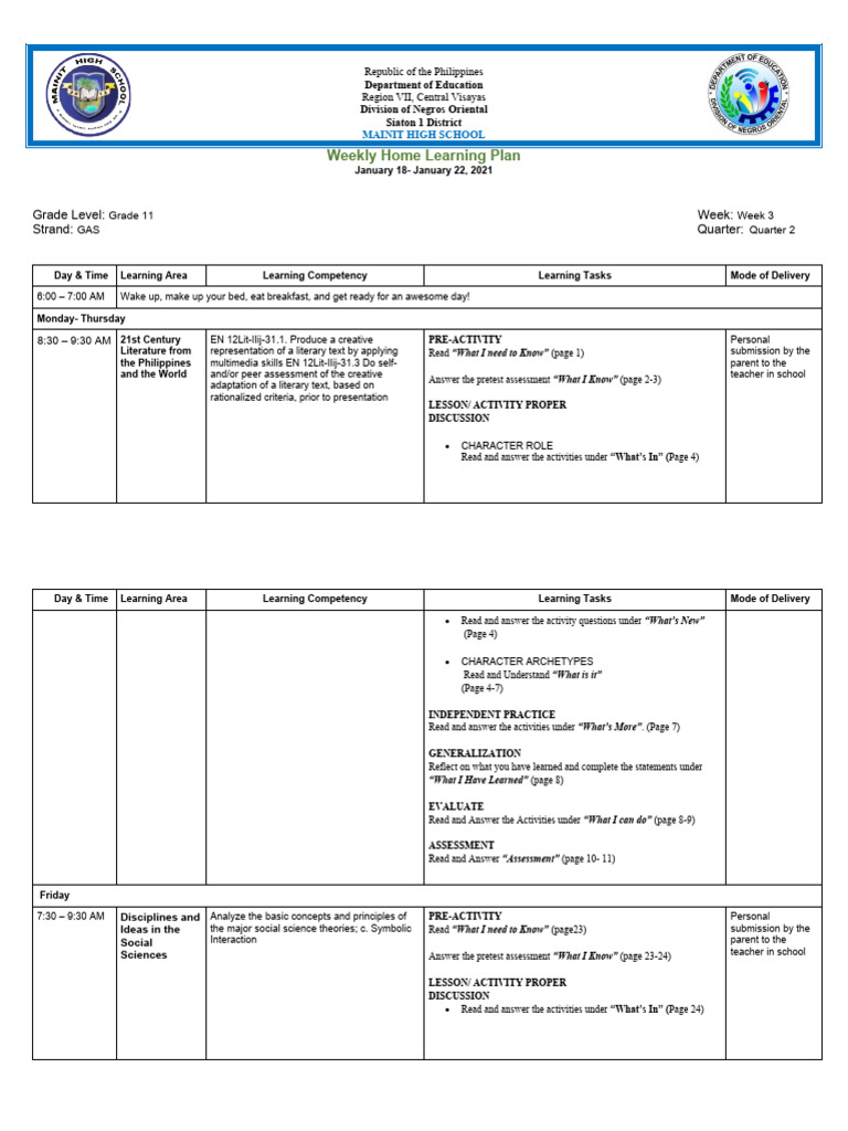 WEEKLY HOME PLAN QUARTER2Week3 | PDF | Educational Assessment | Cognition