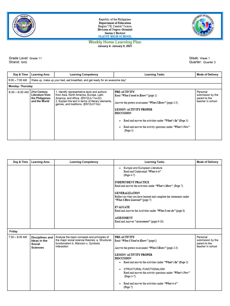 WEEKLY HOME PLAN QUARTER2Week1 | PDF | Educational Assessment | Learning