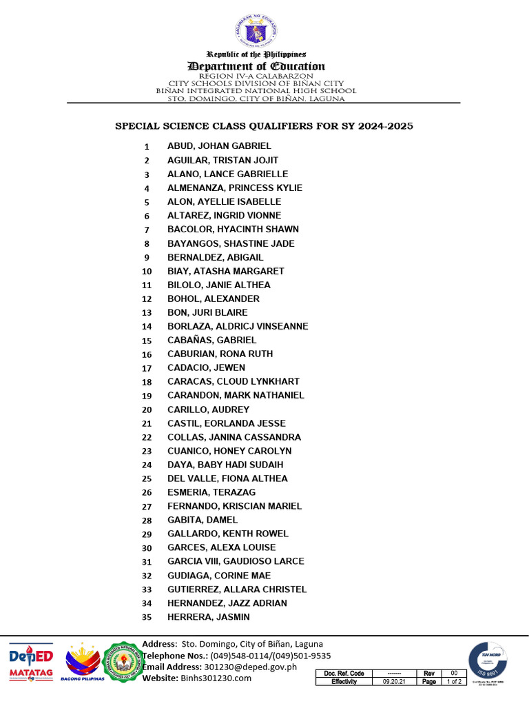 SPECIAL SCIENCE CLASS QUALIFIERS_2024-25 | PDF