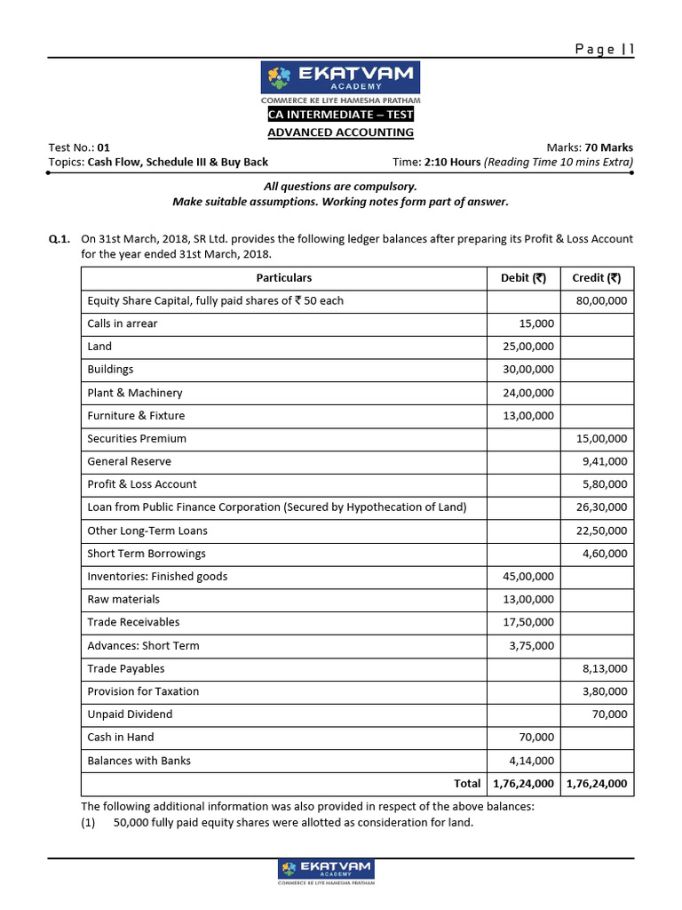 Inter - Adv Acc - N24 Exam - Test 1 - Que | PDF | Dividend | Equity ...