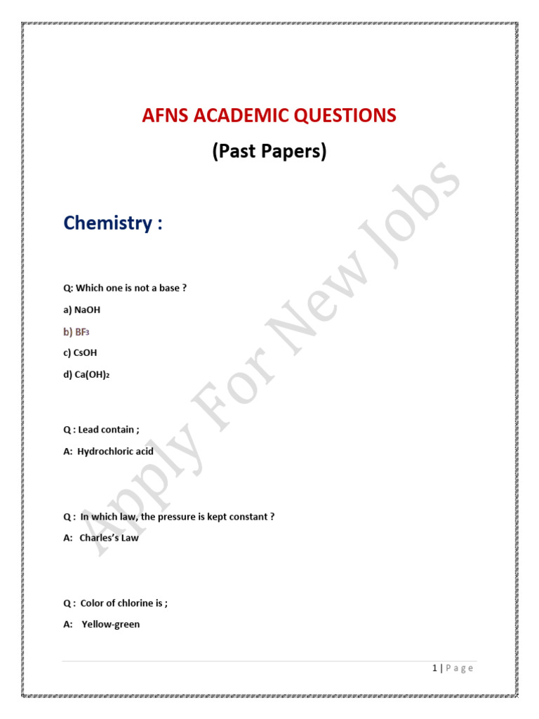 AFNS Chemistry Past Papers Collection | PDF | Chemical Reactions | Acid