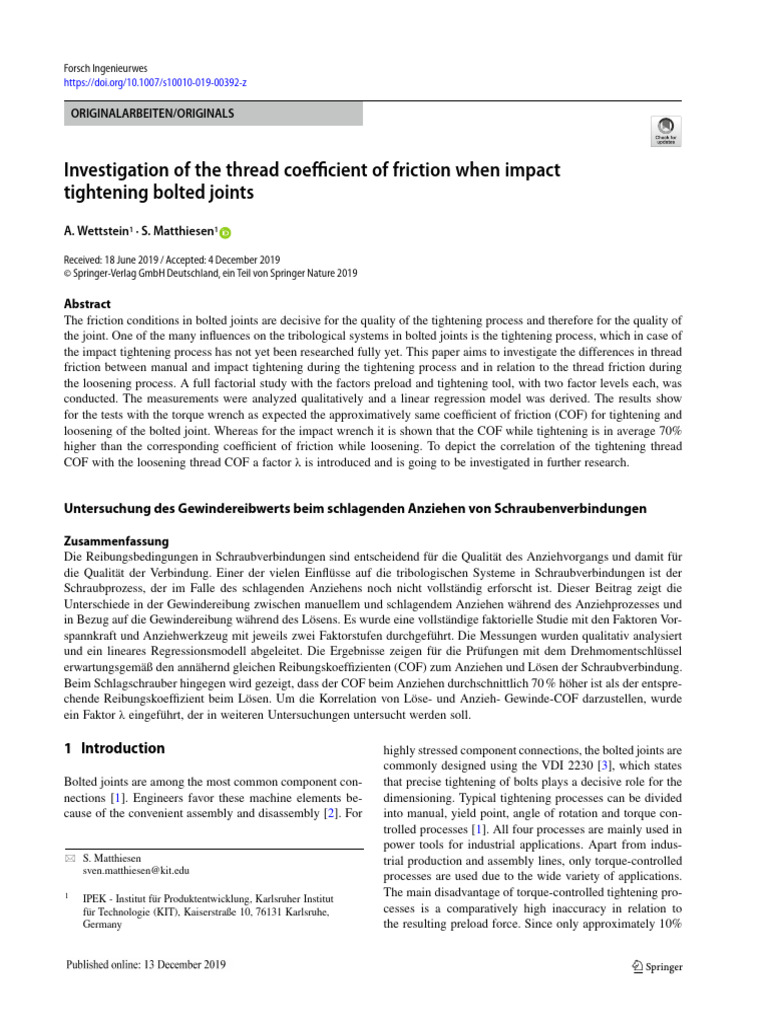 Investigation of The Thread Coefficient of Friction When Impact ...