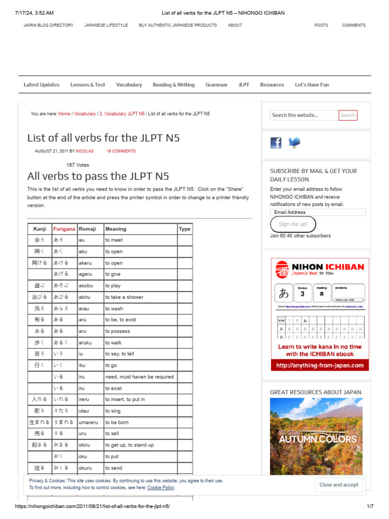 List of All Verbs For The JLPT N5 - NIHONGO ICHIBAN | PDF | Japanese ...