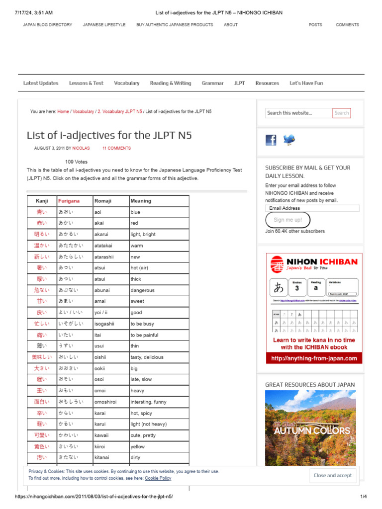List of I-Adjectives For The JLPT N5 - NIHONGO ICHIBAN | PDF | Japanese Language | Syntax