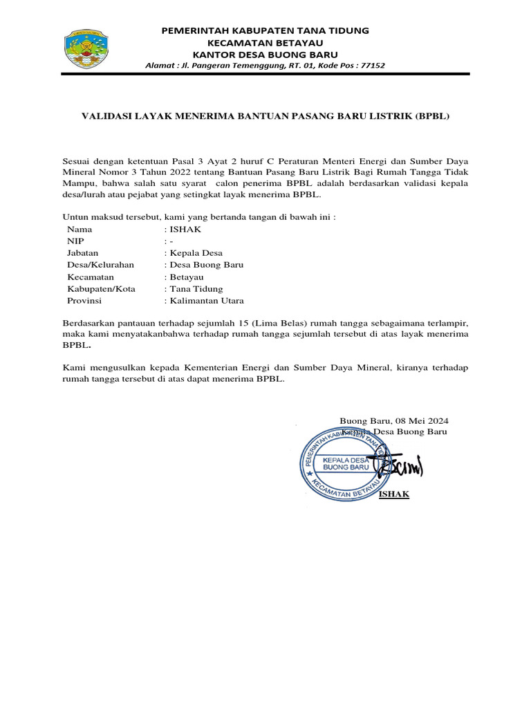 Usulan BPBL Desa Buong Baru 2024 | PDF