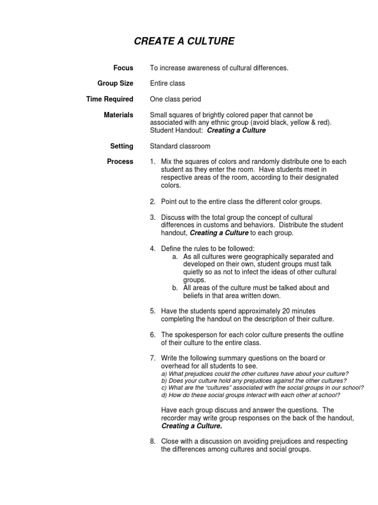 Creating a Culture Activity for Students | PDF | Social Group | Prejudices