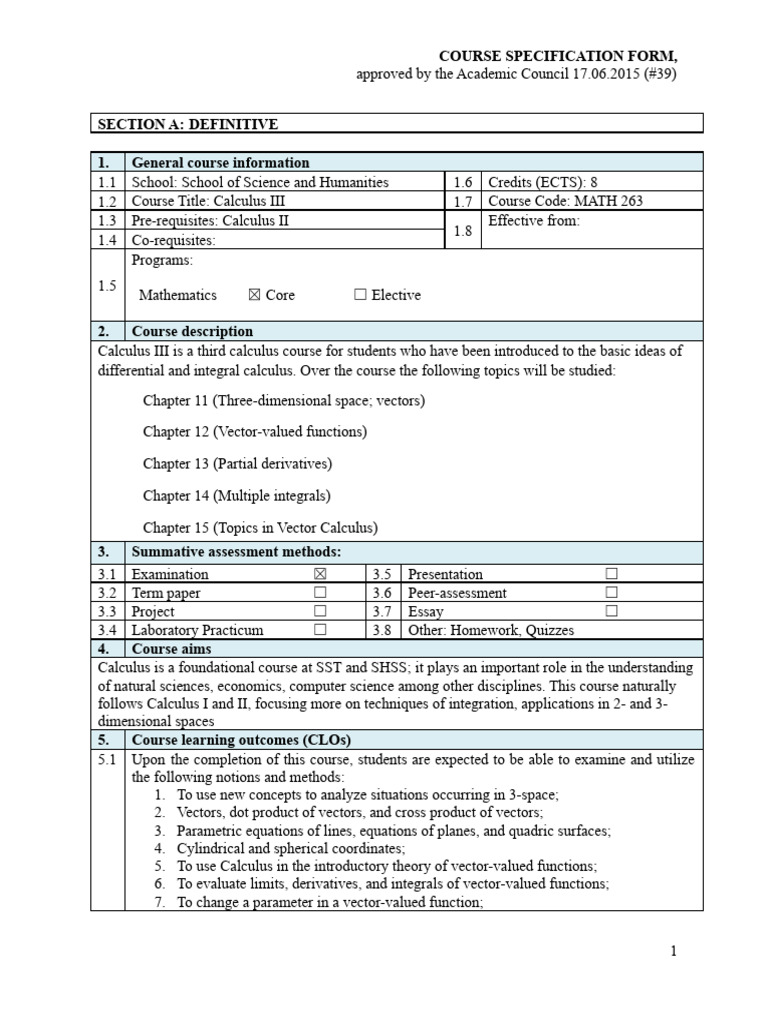 MATH 263 Calculus III Syllabus Fall 2021 NU | PDF | Integral | Derivative