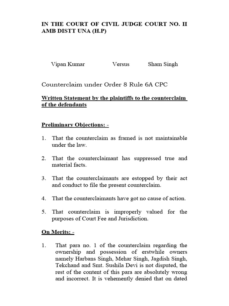 Written Statement To Counter Claim | PDF | Lawsuit | Plaintiff
