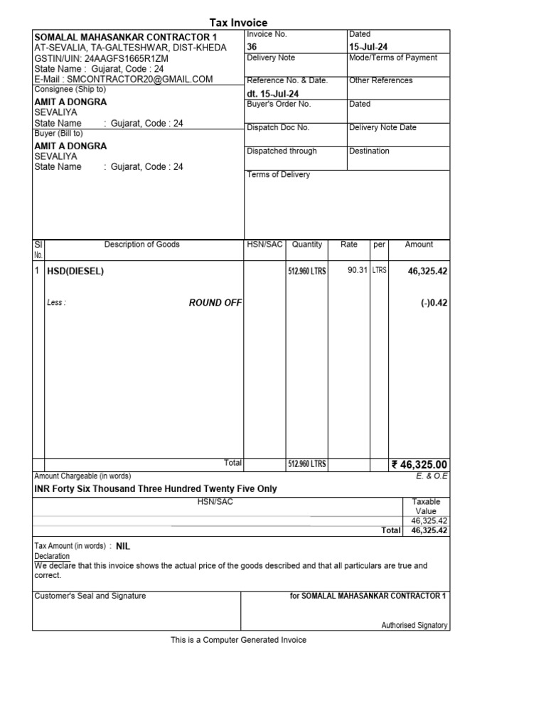 Amit A Dongra Invoice From 01-07-2024 To 15-07-2024 | PDF | Invoice | Taxes