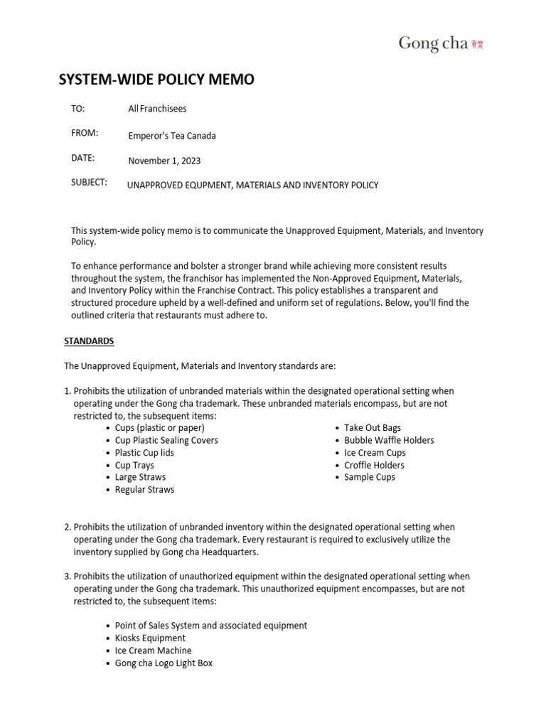 Non-Approved Materials, Inventory and Equipment Policy Memo | PDF ...