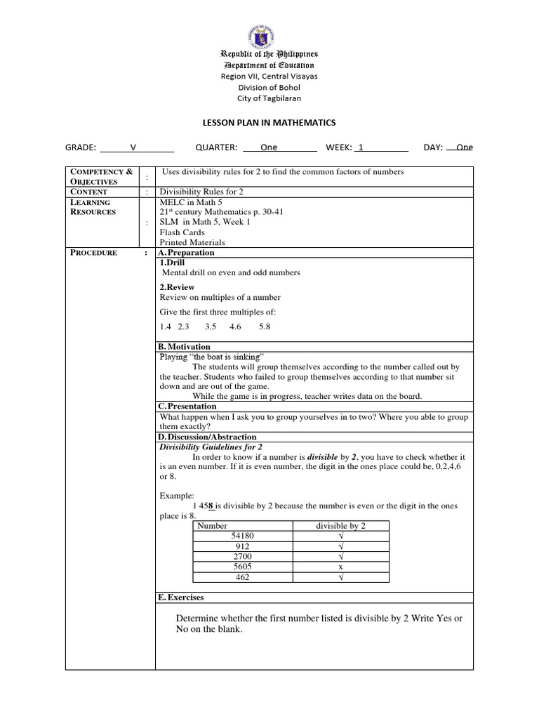 Bohol Math5 Q1 PLP1Day1 v.01 | PDF | Cognition | Learning