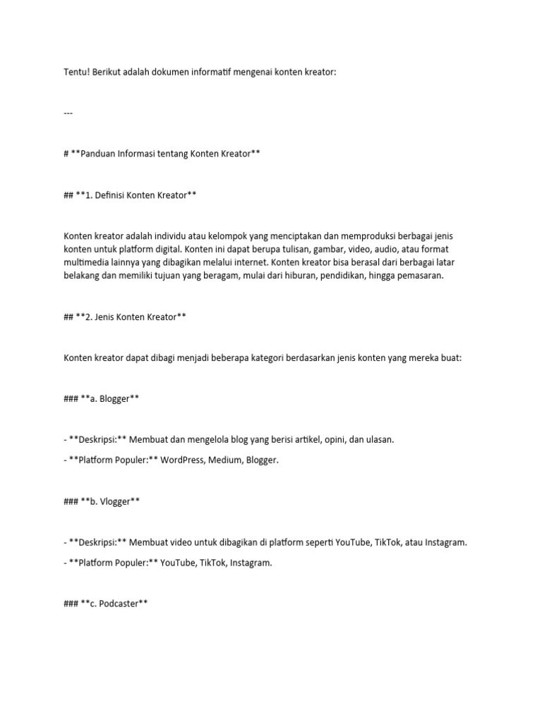 Berikut Adalah Dokumen Informatif Mengenai Konten Kreator | PDF ...