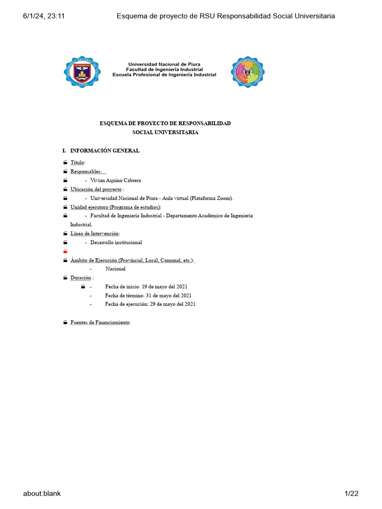 Esquema de Proyecto de RSU Responsabilidad Social Universitaria | PDF | Iniciativa empresarial ...