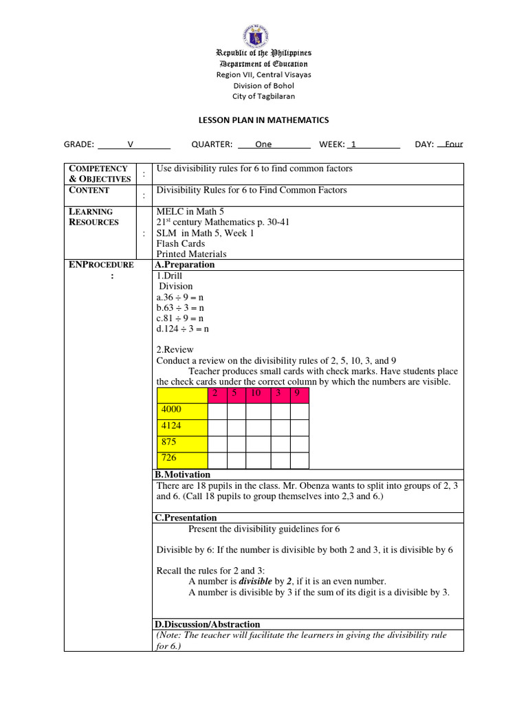 Bohol Math5 Q1 PLP1Day4 v.01 | PDF | Mathematics | Behavior Modification