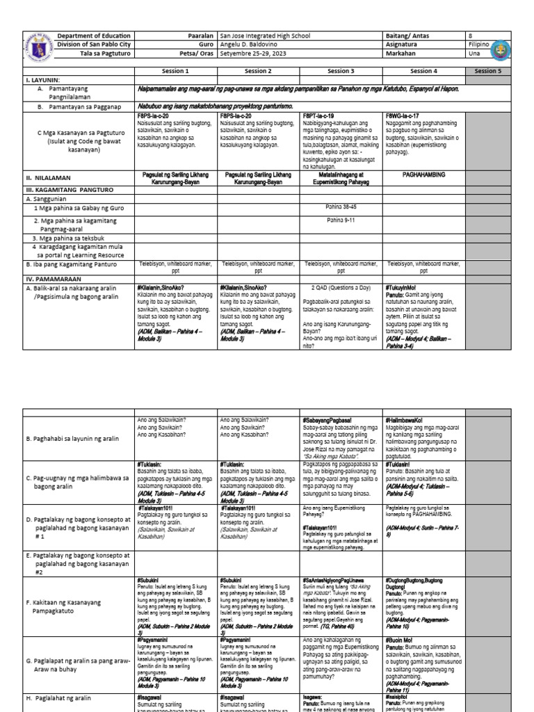 Filipino 8 - Quarter 1 - Week 4 (September 25-29, 2023) | PDF Filipino 8 - Quarter 1 - Week 4 (September 25-29, 2023) | PDF