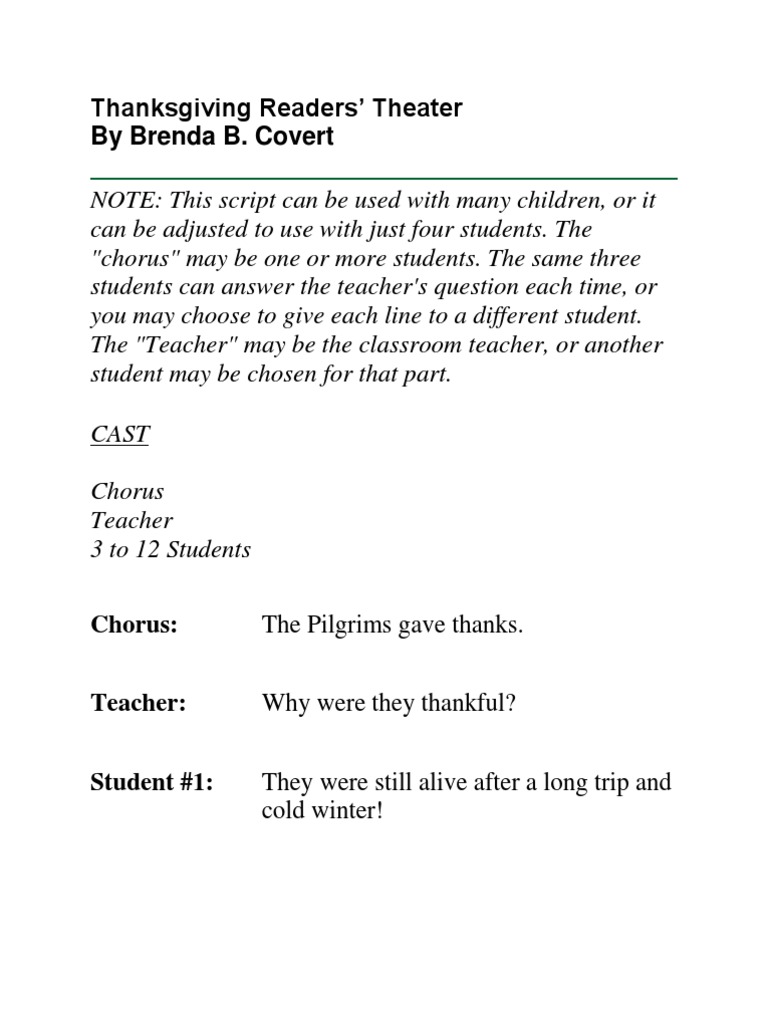 Thanksgiving Readers' Theater Script | PDF | Language Arts & Discipline ...