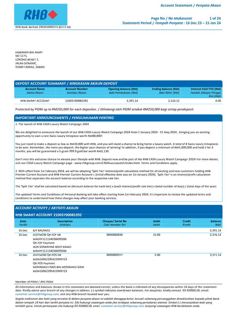 January 2024 Statement | PDF | Credit Card | Debit Card